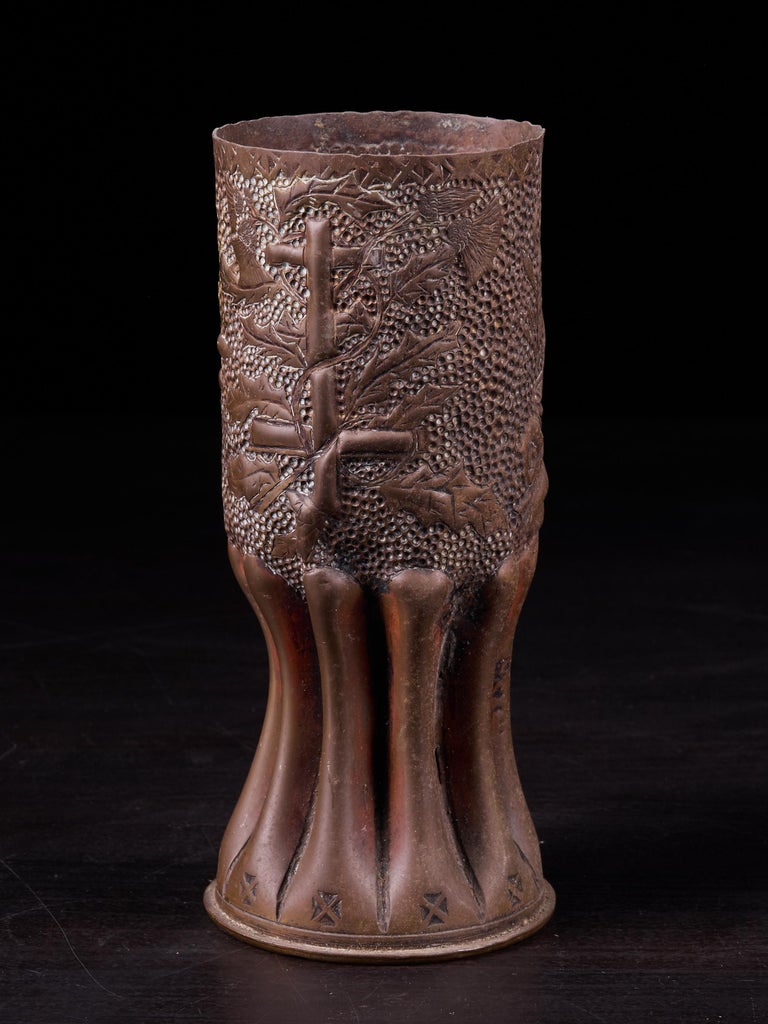 Unique Handmade Engraved Bombshell Brass Vase For Sale at 1stDibs