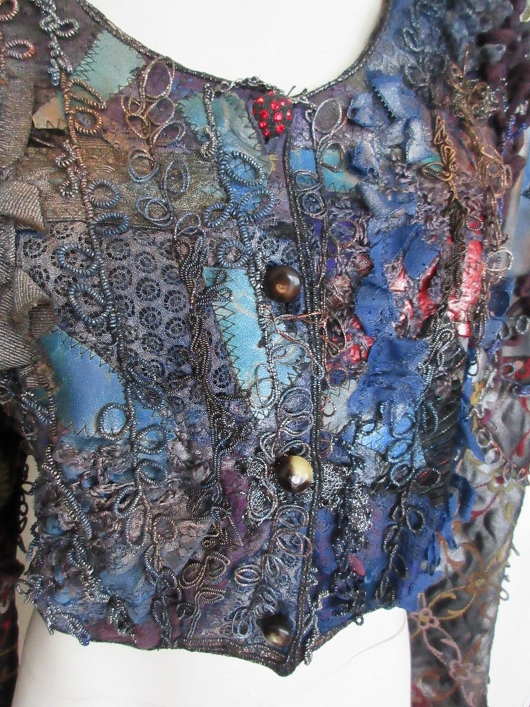 Unique handmade 1980's Black Velvet Blue Leather Embroidered Bolero ...