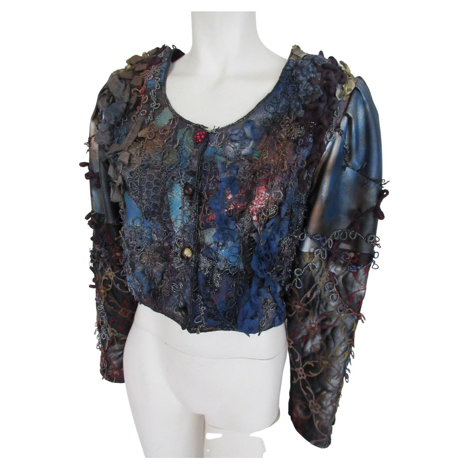 Unique handmade 1980's Black Velvet Blue Leather Embroidered Bolero ...