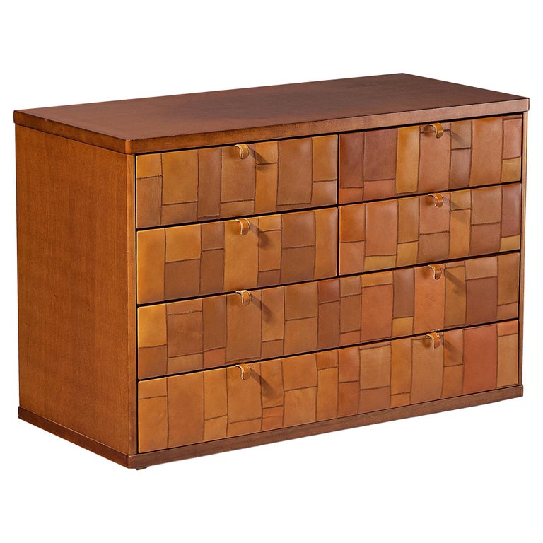 Unique Italian Chest of Drawers in Cognac Patchwork Leather and Birch ...