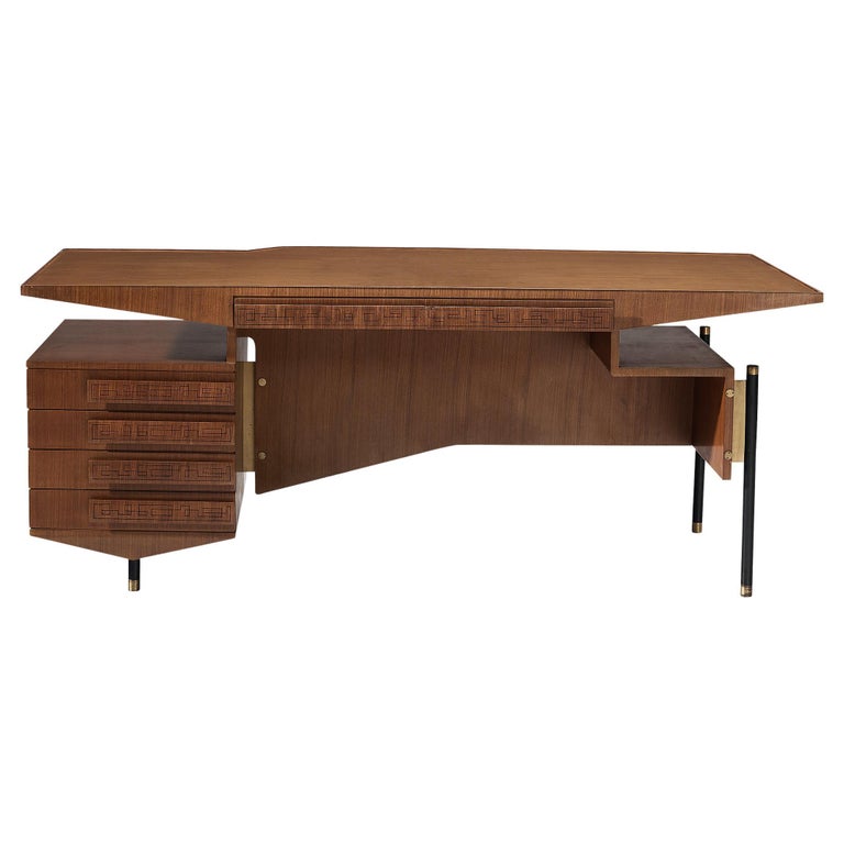 Unique Italian Sculptural Writing Desk in Walnut and Brass For Sale at ...