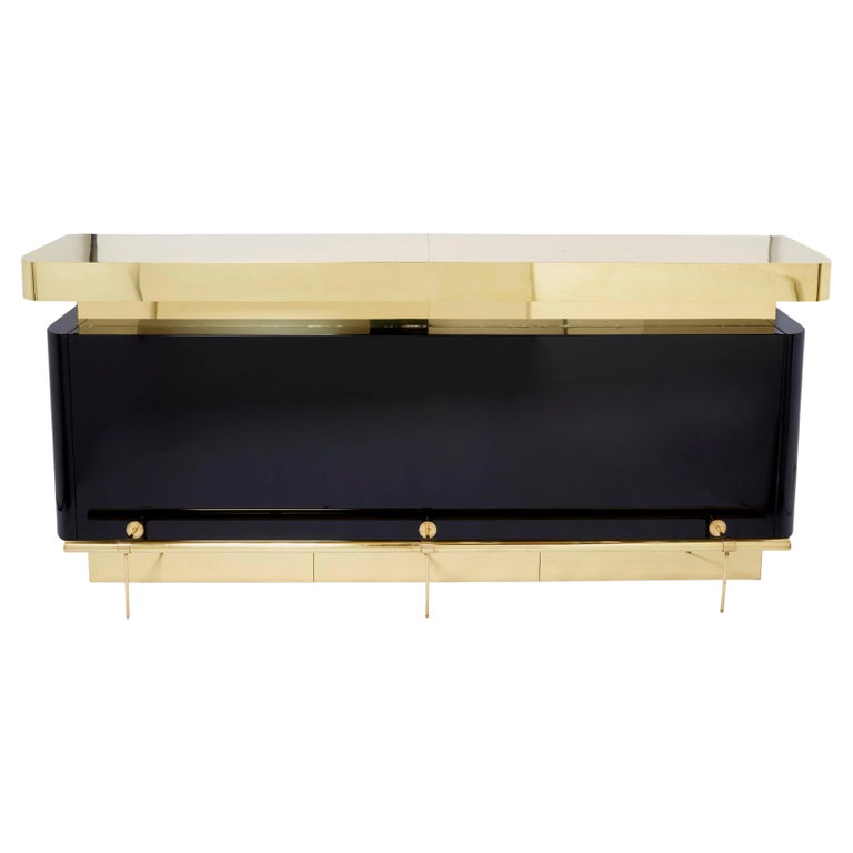 Unique J.C. Mahey Black Lacquered Brass Bar Cabinet Counter 1970s For ...