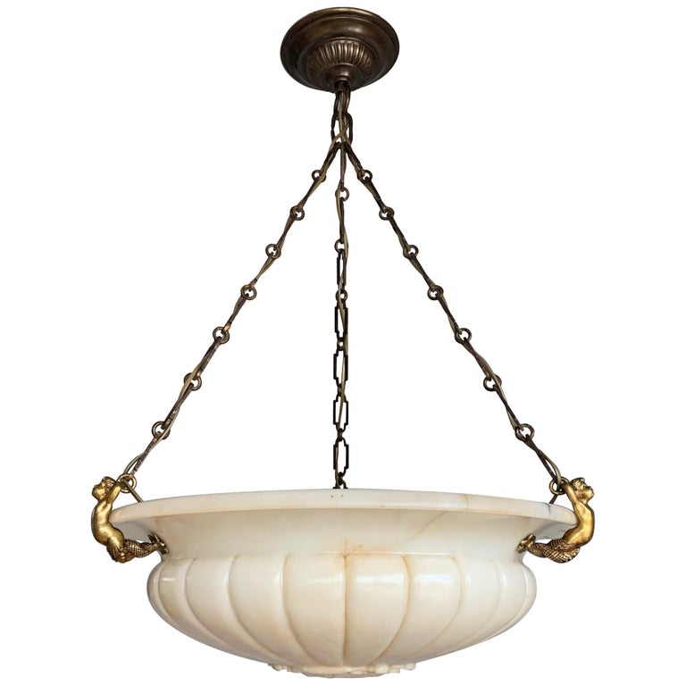 Unique and Extra Large White Alabaster Chandelier with Bronze Mermaid ...