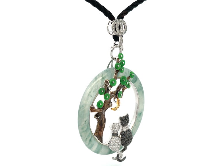 Unique Large Round Jade and Diamond Cat Lovers Pendant in 18k White ...
