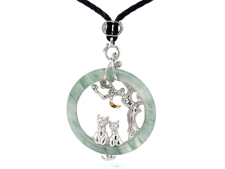 Unique Large Round Jade and Diamond Cat Lovers Pendant in 18k White ...