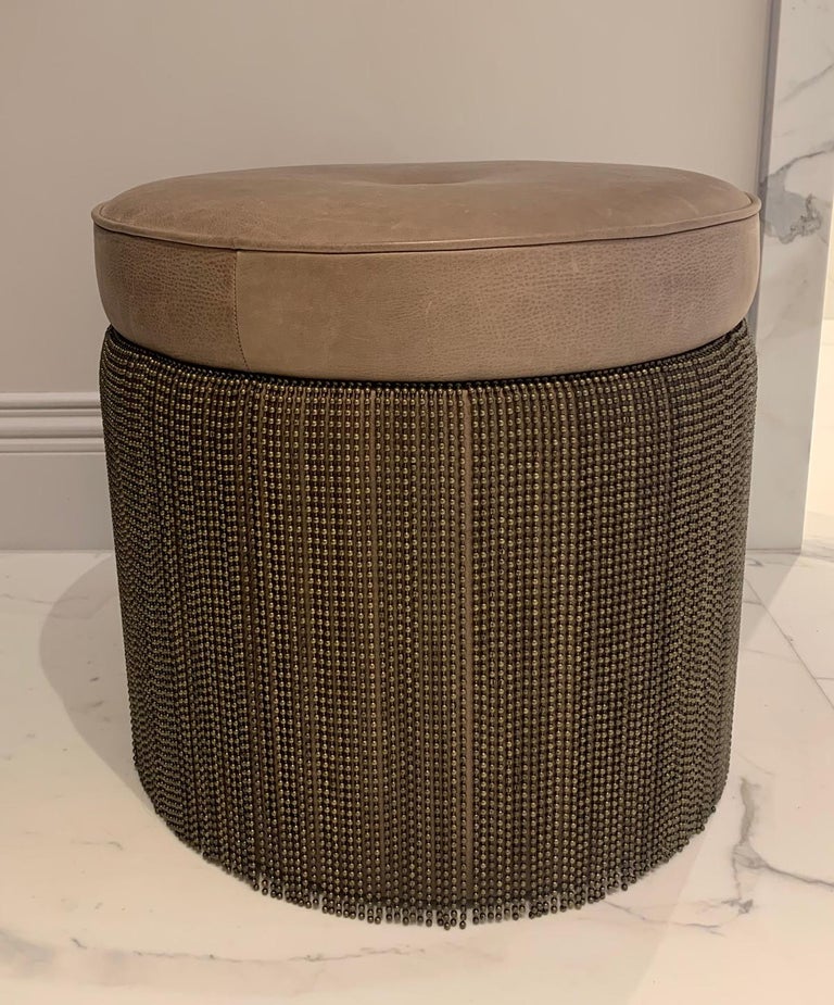 Metal Fringed Vanity Stool Ottoman Handcrafted in Brown Brushed Leather ...
