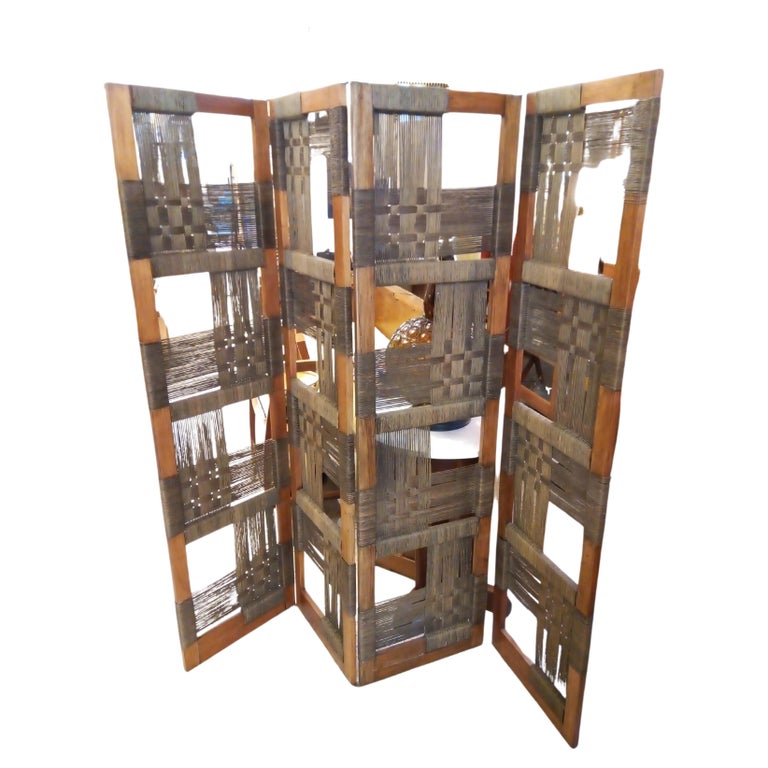 Unique Mahogany and Seaweed Rope Screen from the 60s Attributed to ...