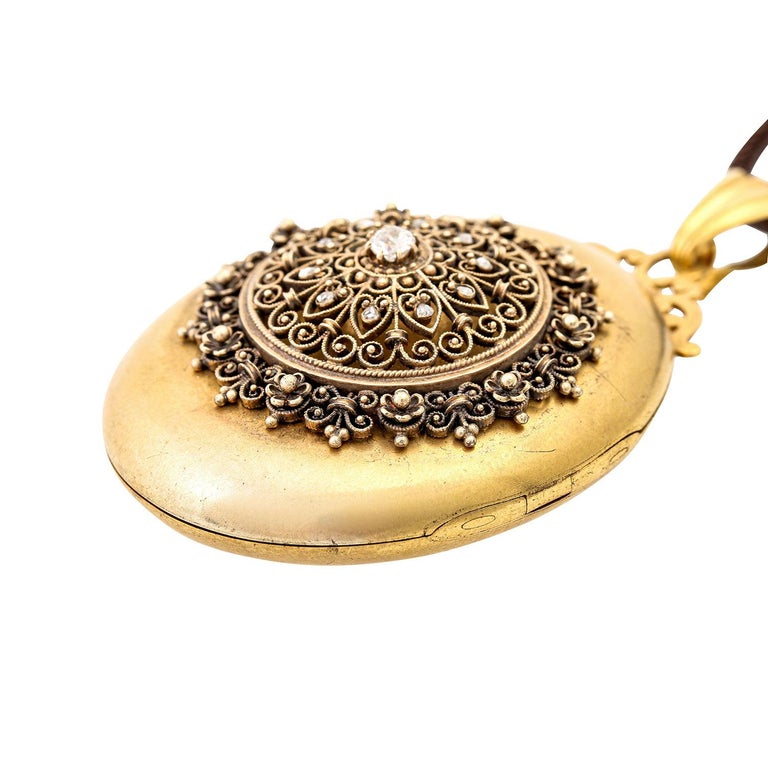 Unique medallion pendant from around 1870, set with 1 old European cut ...