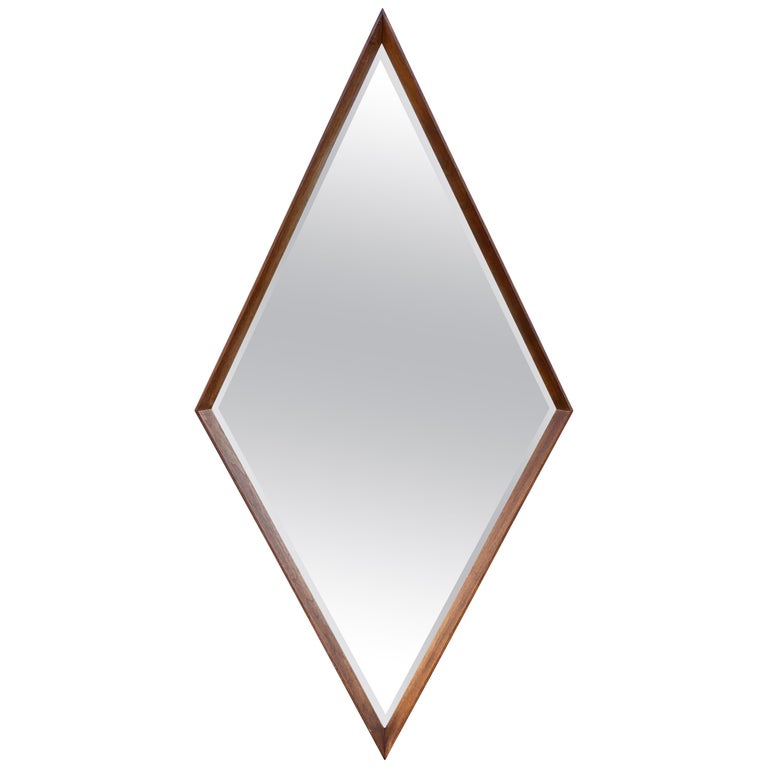 Unique Midcentury Large Diamond Shaped Solid Walnut Wall Mirror at 1stDibs