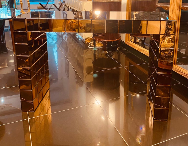Unique Mirrored Copper Glass Center Console Table For Sale at 1stDibs