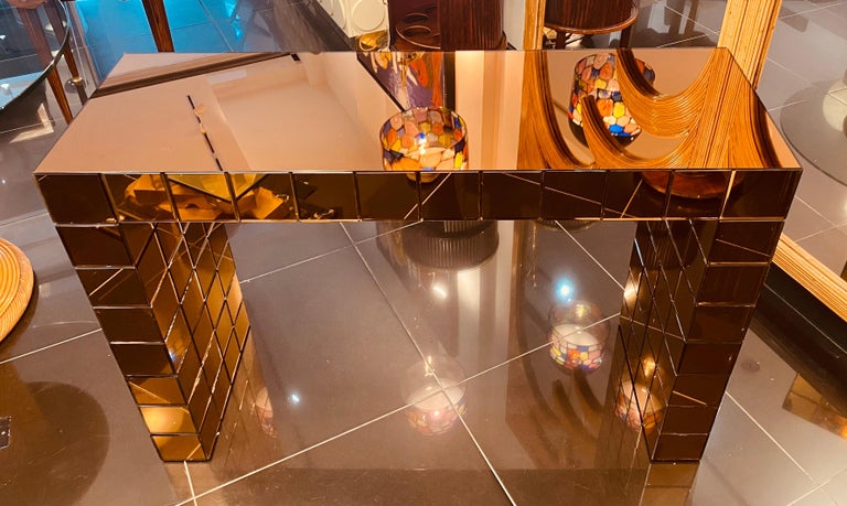 Unique Mirrored Copper Glass Center Console Table For Sale at 1stDibs