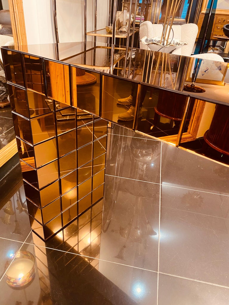 Unique Mirrored Copper Glass Center Console Table For Sale at 1stDibs