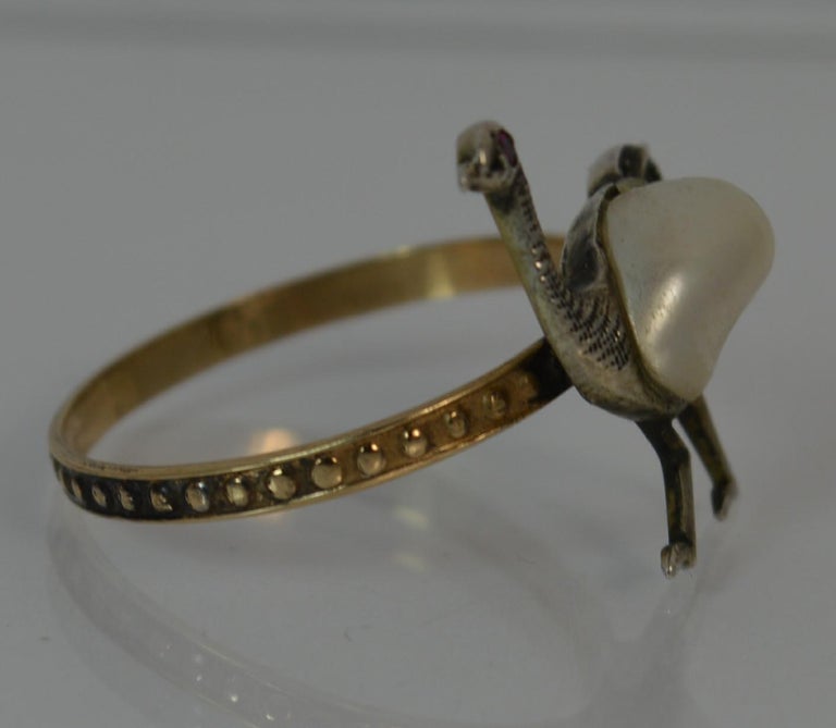 Unique Ostrich Design Victorian Pearl Ruby Diamond Novelty Gold Ring at ...