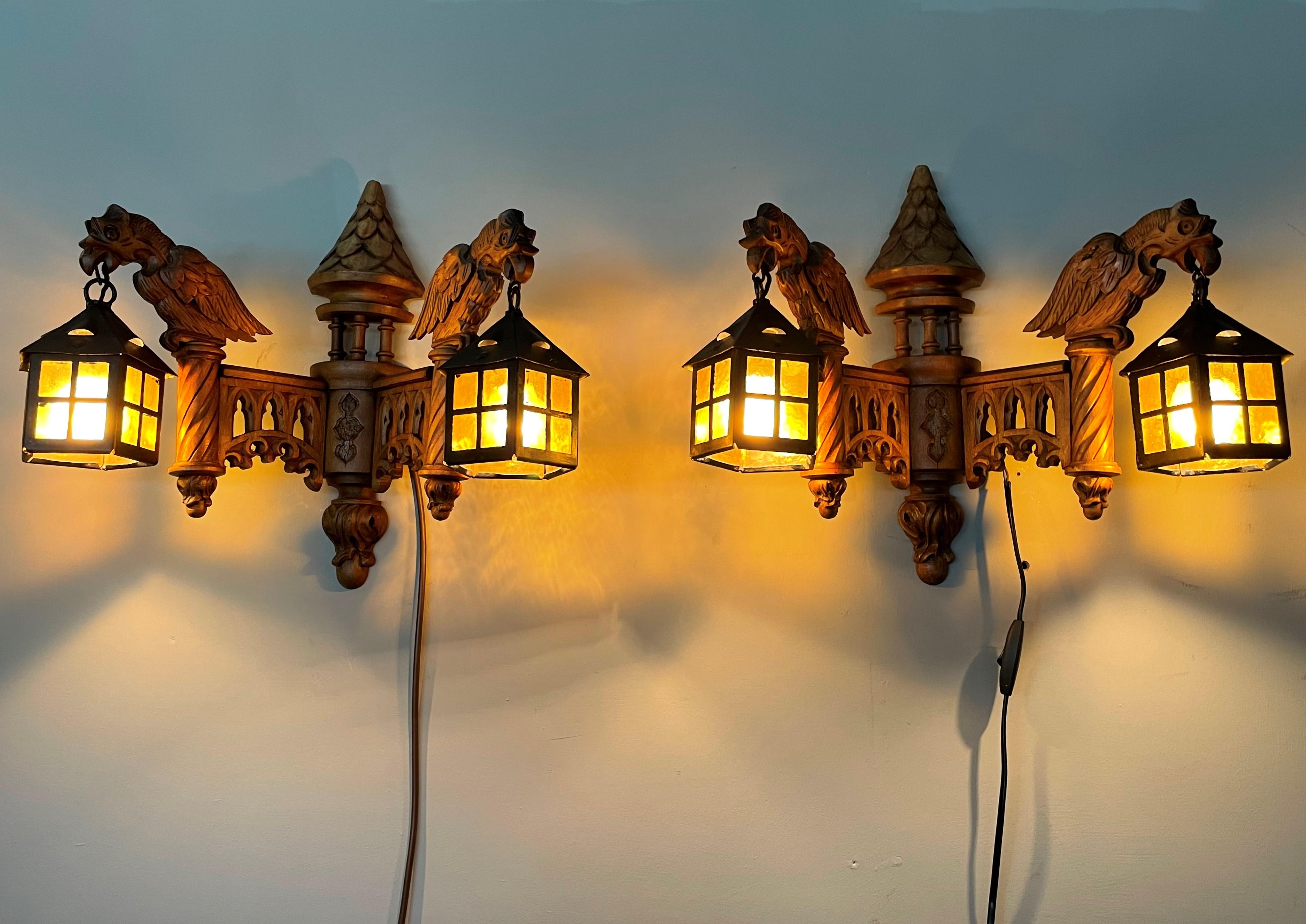 Unique Pair of Gothic Revival Hand Carved Gargoyle and Iron Lantern ...