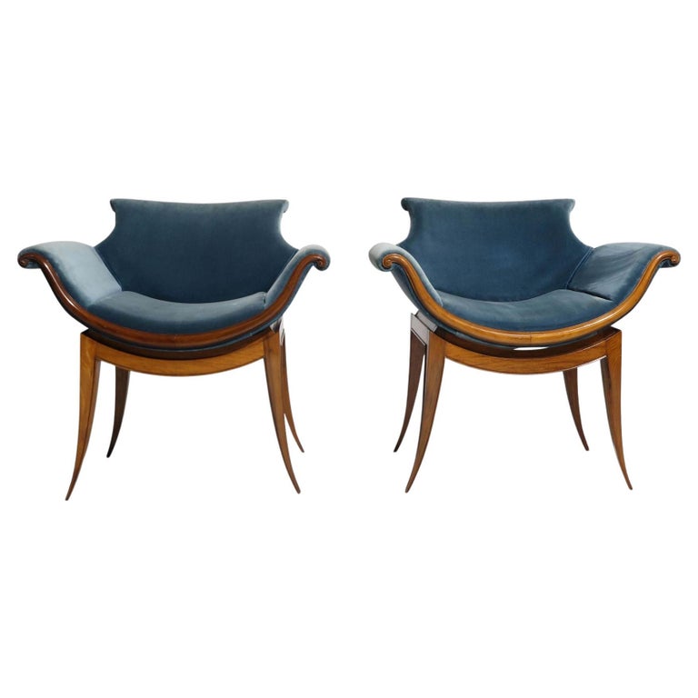 Unique Pair of Midcentury Armchairs in Brazilian Caviuna and Blue ...