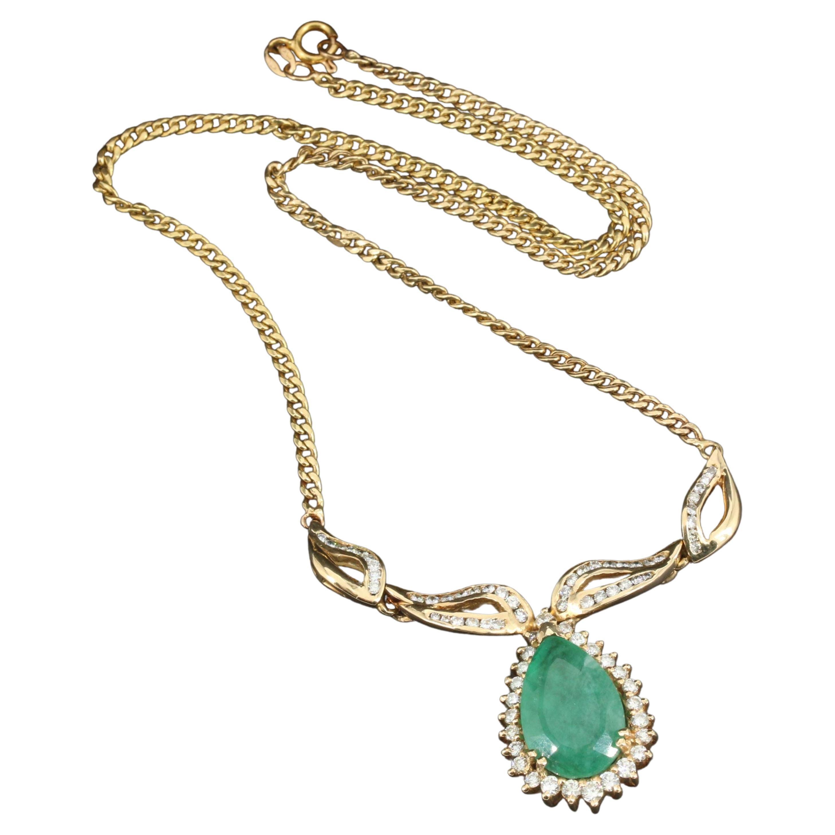 Unique Pear Cut Emerald Diamonds Pendant Necklace, 18K Gold For Sale at ...