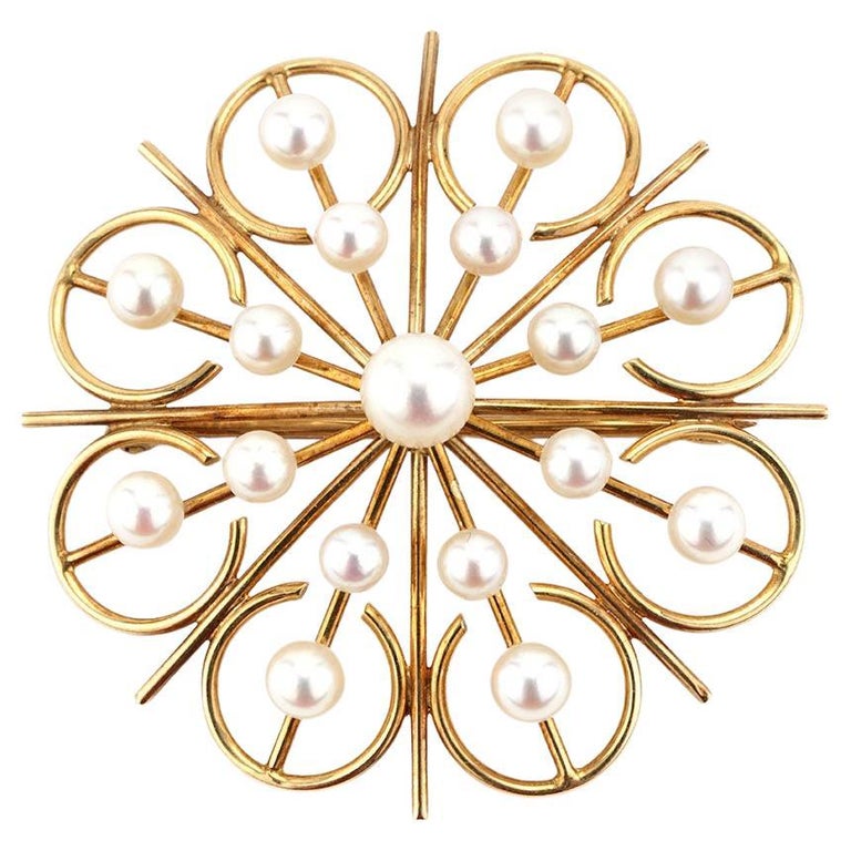Unique Pearl Starburst Pin Brooch In 14K Yellow Gold For Sale at 1stDibs