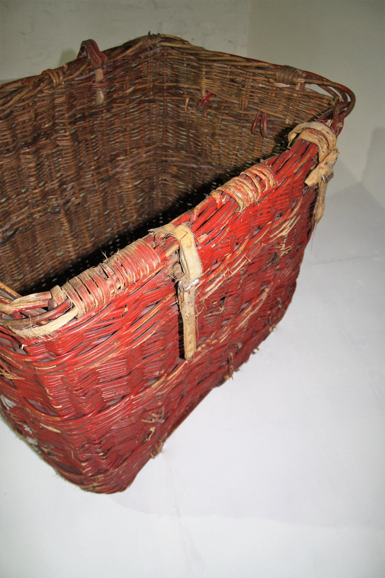 Unique Red Colour Circa 1900 Leather Mill Wicker Basket Large Log Fire ...