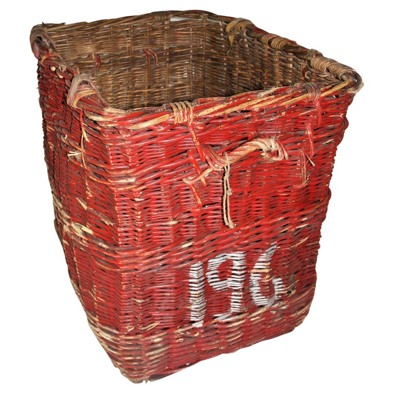 Unique Red Colour Circa 1900 Leather Mill Wicker Basket Large Log Fire ...