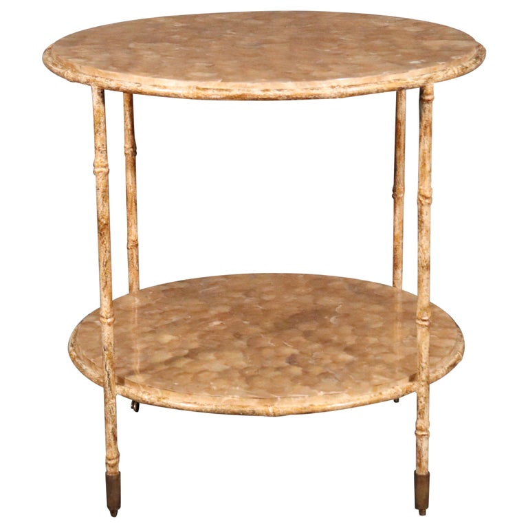 Unique Round Faux Bamboo Capiz Shell Hollywood Regency Two-Tier End ...