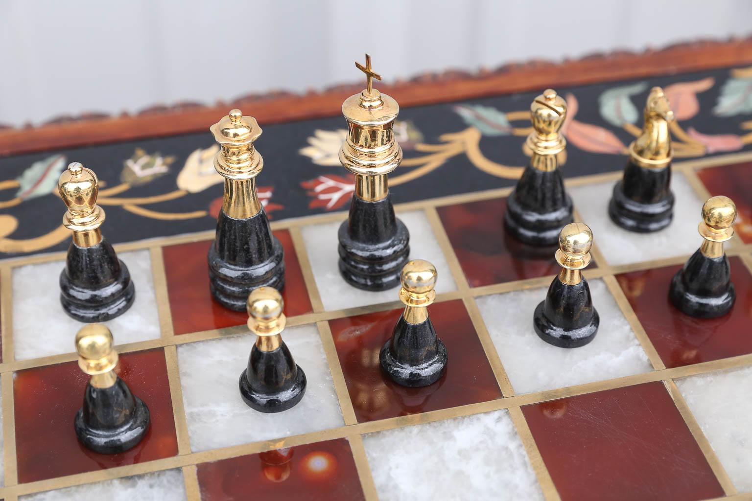Unique Semi-Precious Stone Inlaid Marble Chess Table with Silver ...