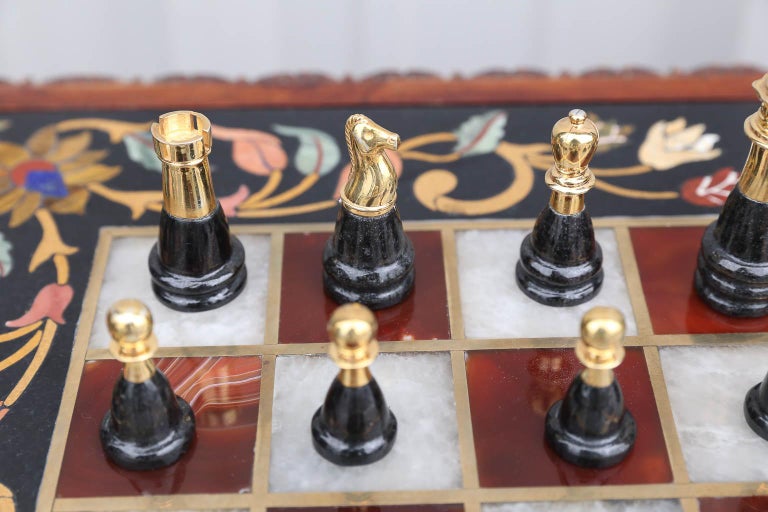 Unique Semi-Precious Stone Inlaid Marble Chess Table with Silver ...