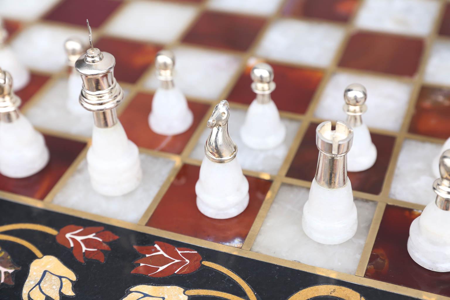 Unique Semi-Precious Stone Inlaid Marble Chess Table with Silver ...