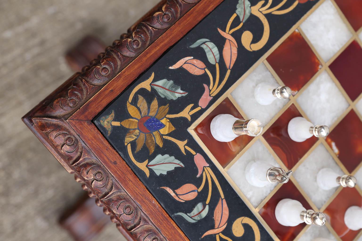 Unique Semi-Precious Stone Inlaid Marble Chess Table with Silver ...