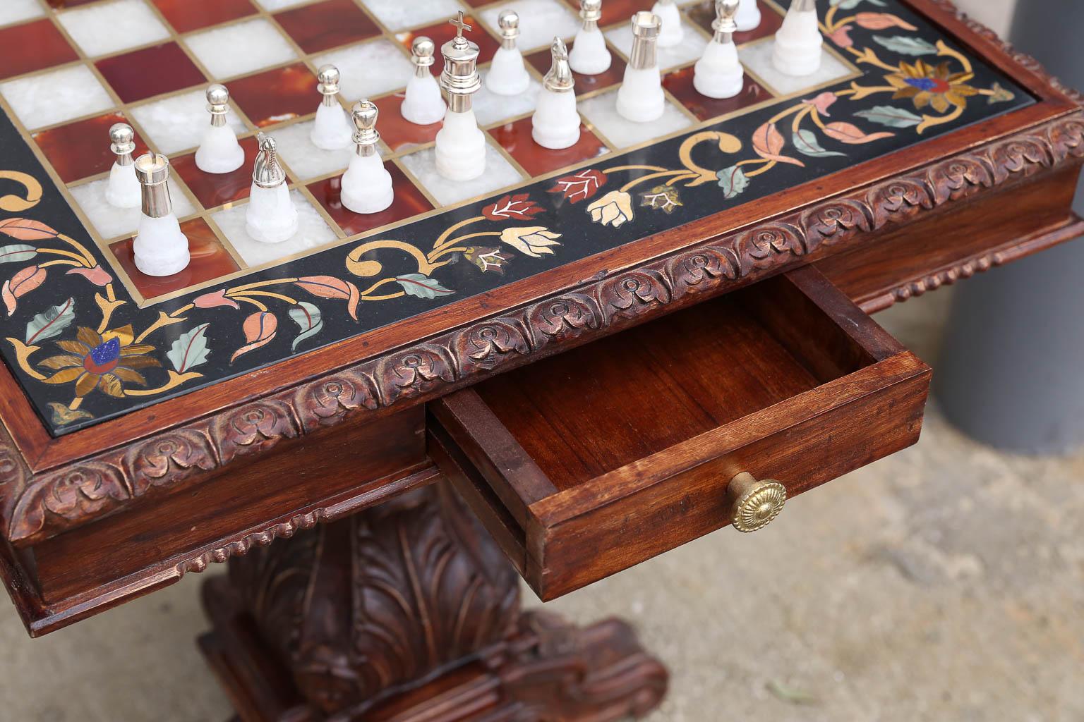 Unique Semi-Precious Stone Inlaid Marble Chess Table with Silver ...