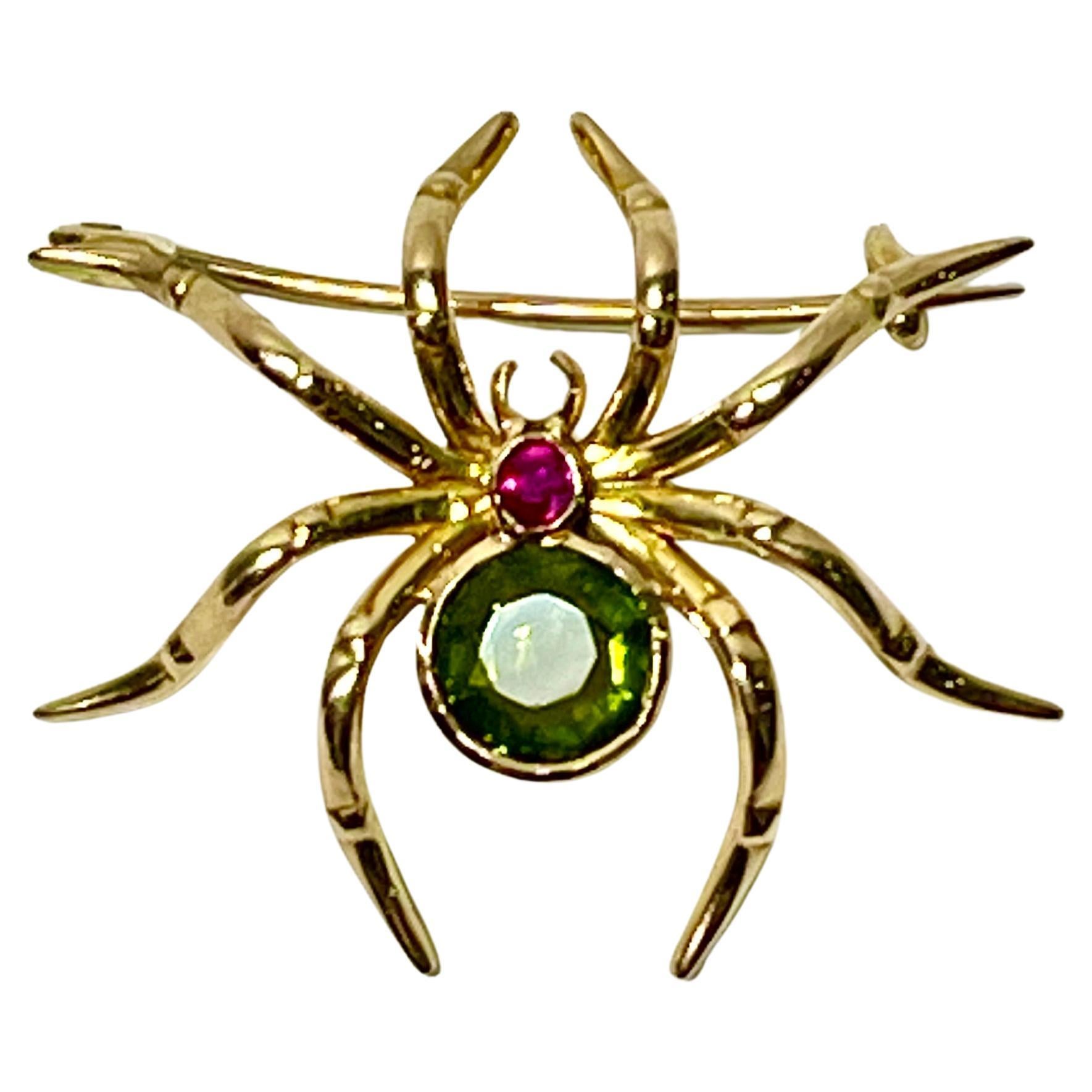 Unique Spider Brooch Peridot Ruby 18ct Yellow Gold with Valuation For ...