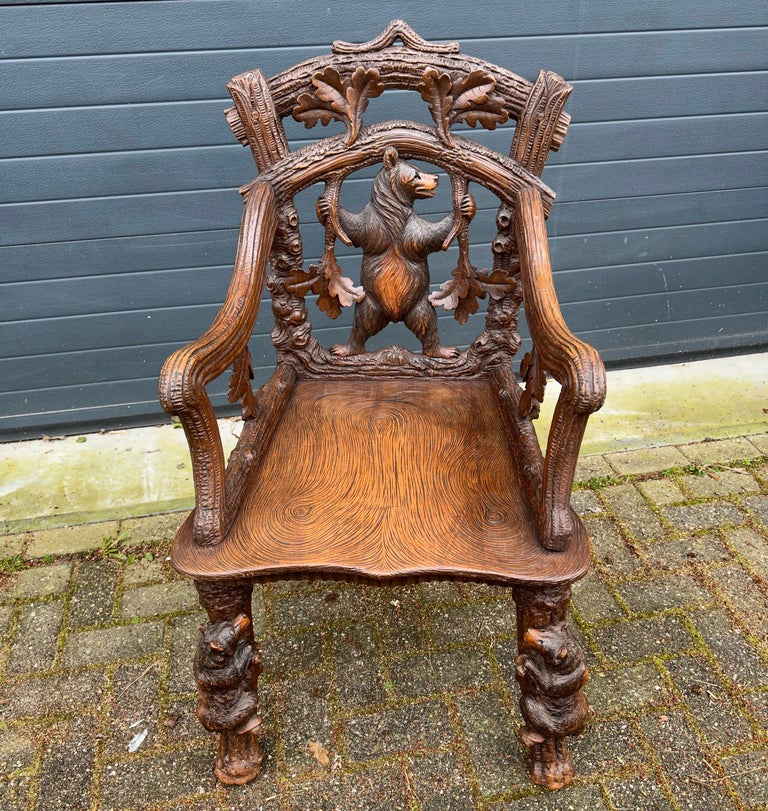 Unique and Sturdy Antique Black Forest Armchair / Lounge Chair W. Bear ...