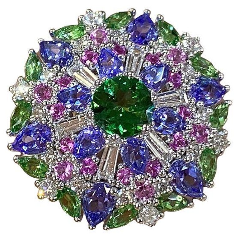 Unique Tanzanite Pink Sapphire Emerald Diamond White 18K Gold Ring for ...