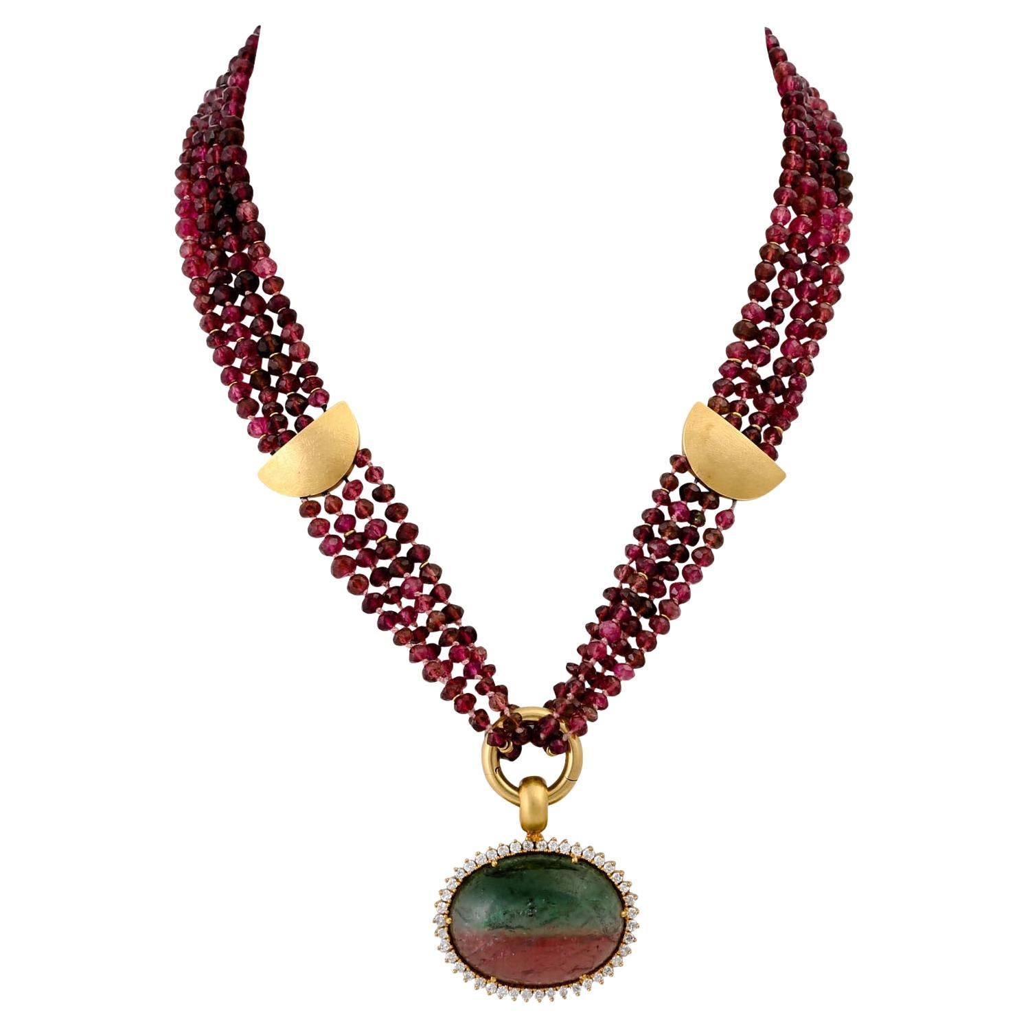 Watermelon Tourmaline Gold Necklace For Sale at 1stDibs