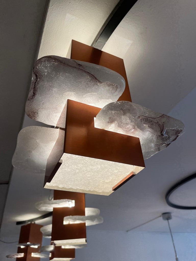 Unique Vintage Copper and Art Glass 5 Shades Flush Mount Ceiling Lamp ...
