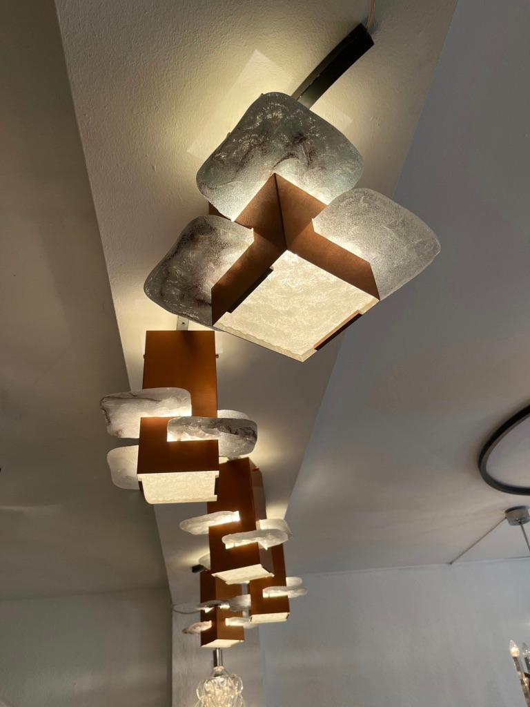 Unique Vintage Copper and Art Glass 5 Shades Flush Mount Ceiling Lamp ...