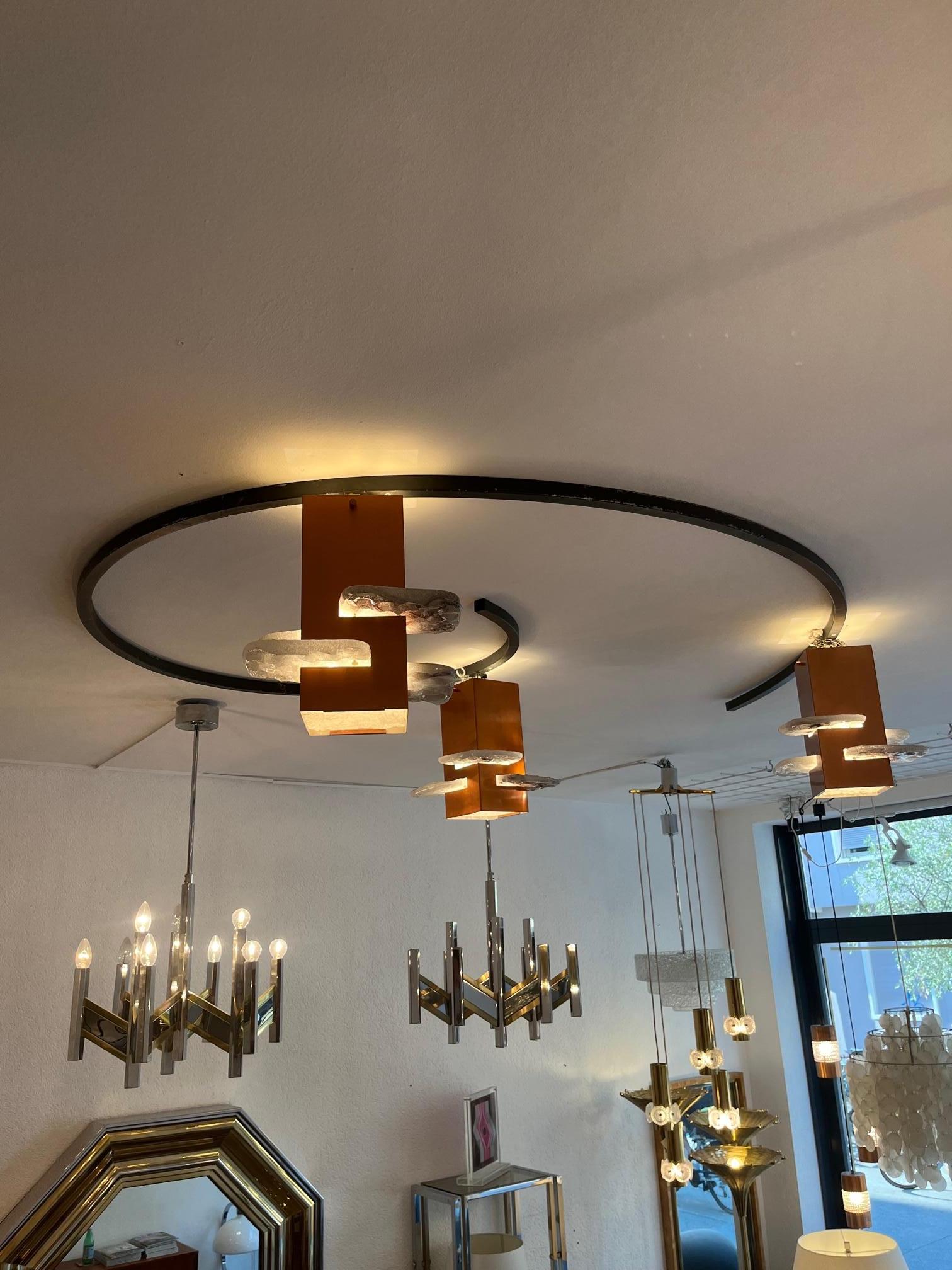 Unique Vintage Copper and Glass 3 Shades Circle Flush Mount Lamp, ca ...