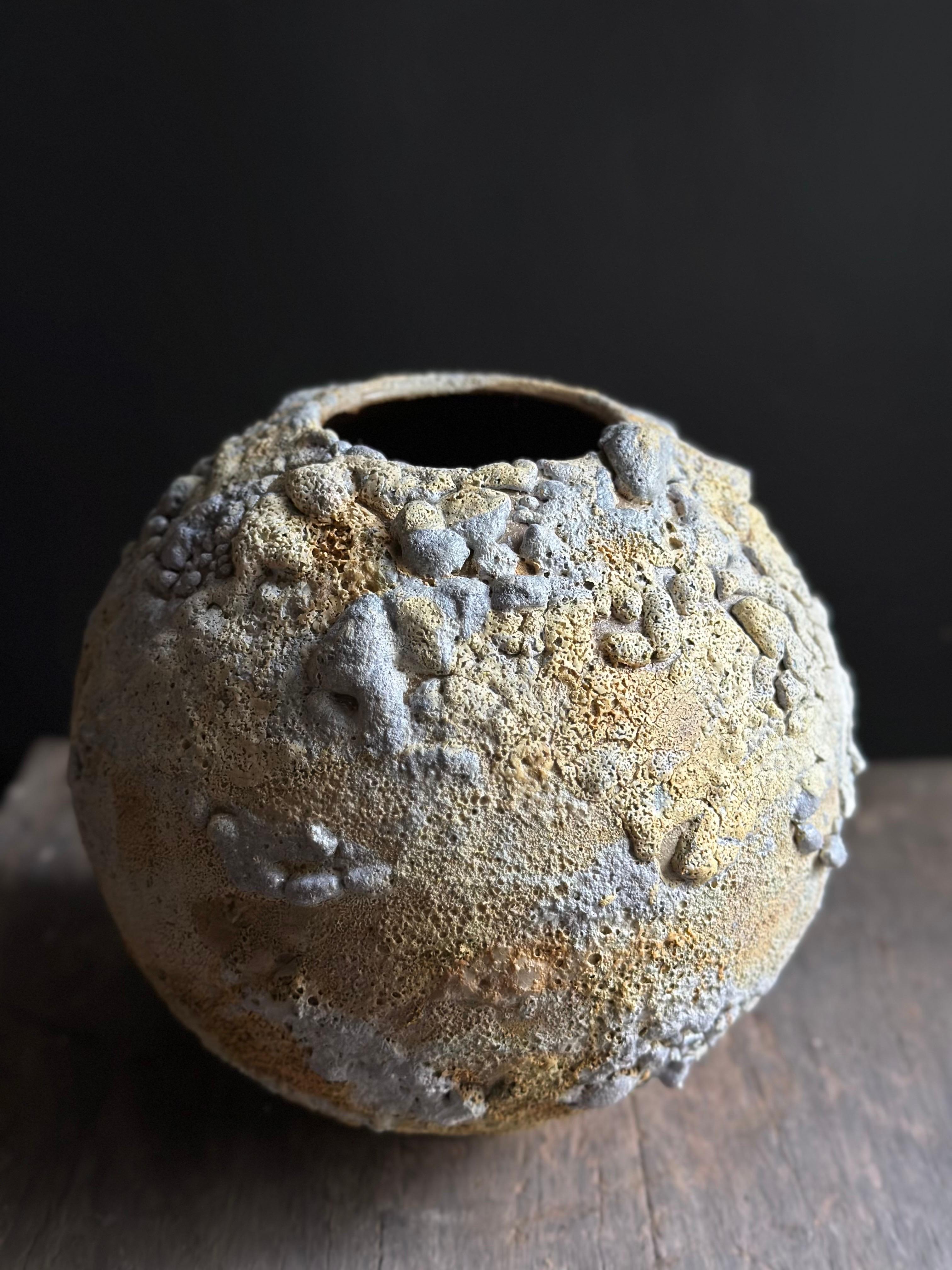 Unique Wabi-Sabi Rustic Modern Artistic Textured Round Sculptural Moon Jar Vase For Sale at 1stDibs