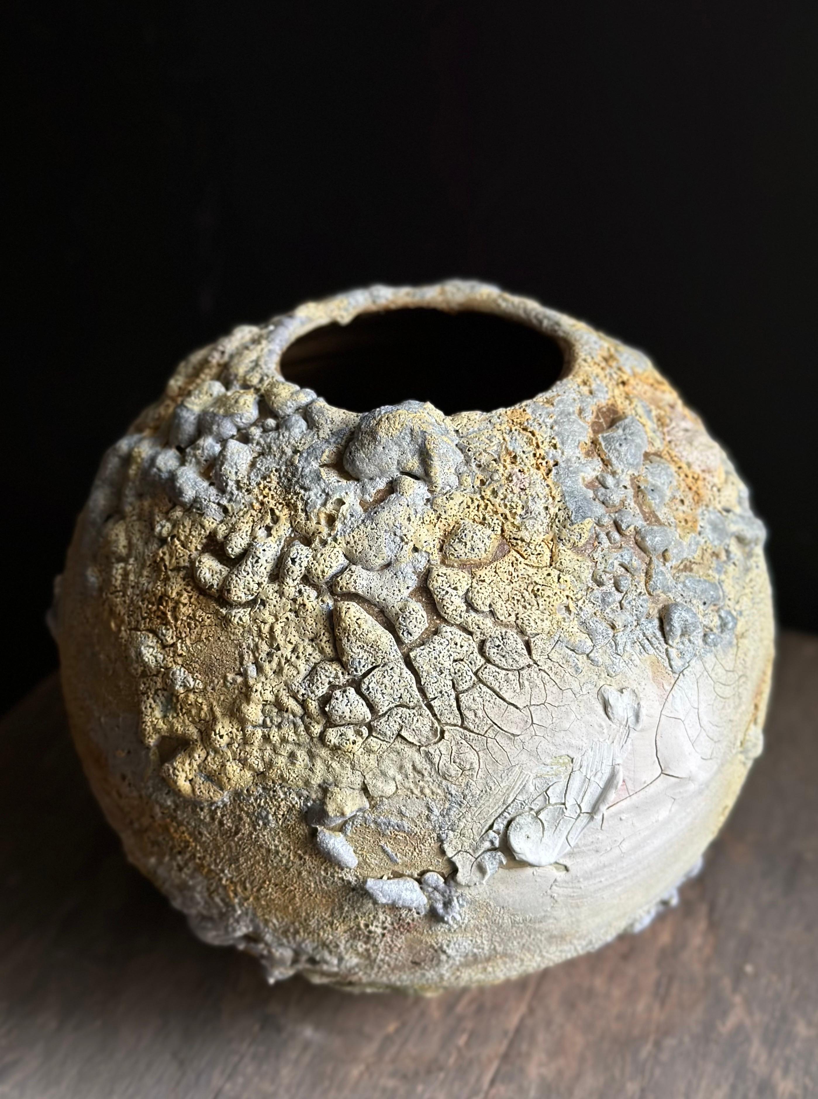 Unique Wabi-Sabi Rustic Modern Artistic Textured Round Sculptural Moon Jar Vase For Sale at 1stDibs