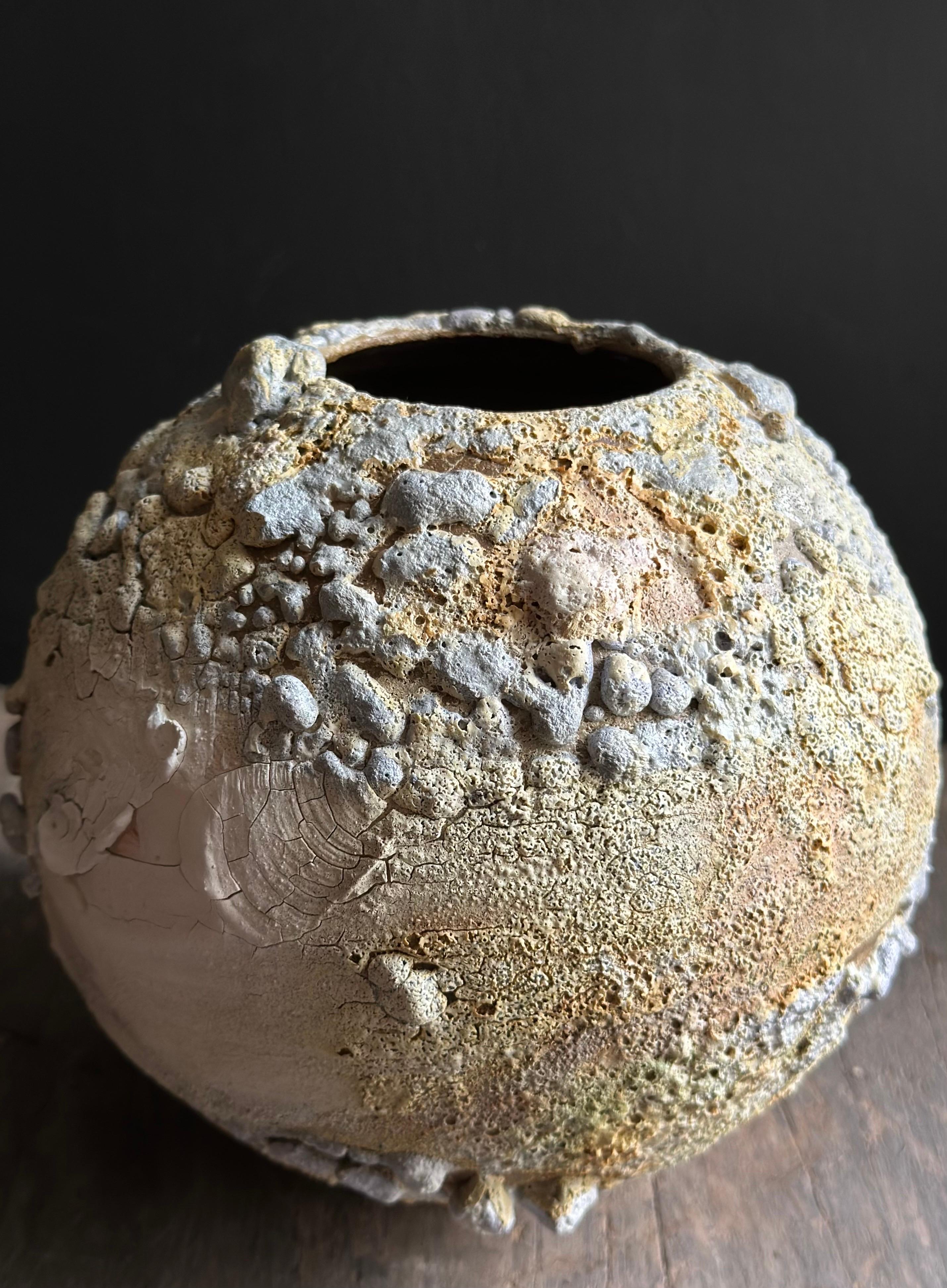 Unique Wabi-Sabi Rustic Modern Artistic Textured Round Sculptural Moon Jar Vase For Sale at 1stDibs
