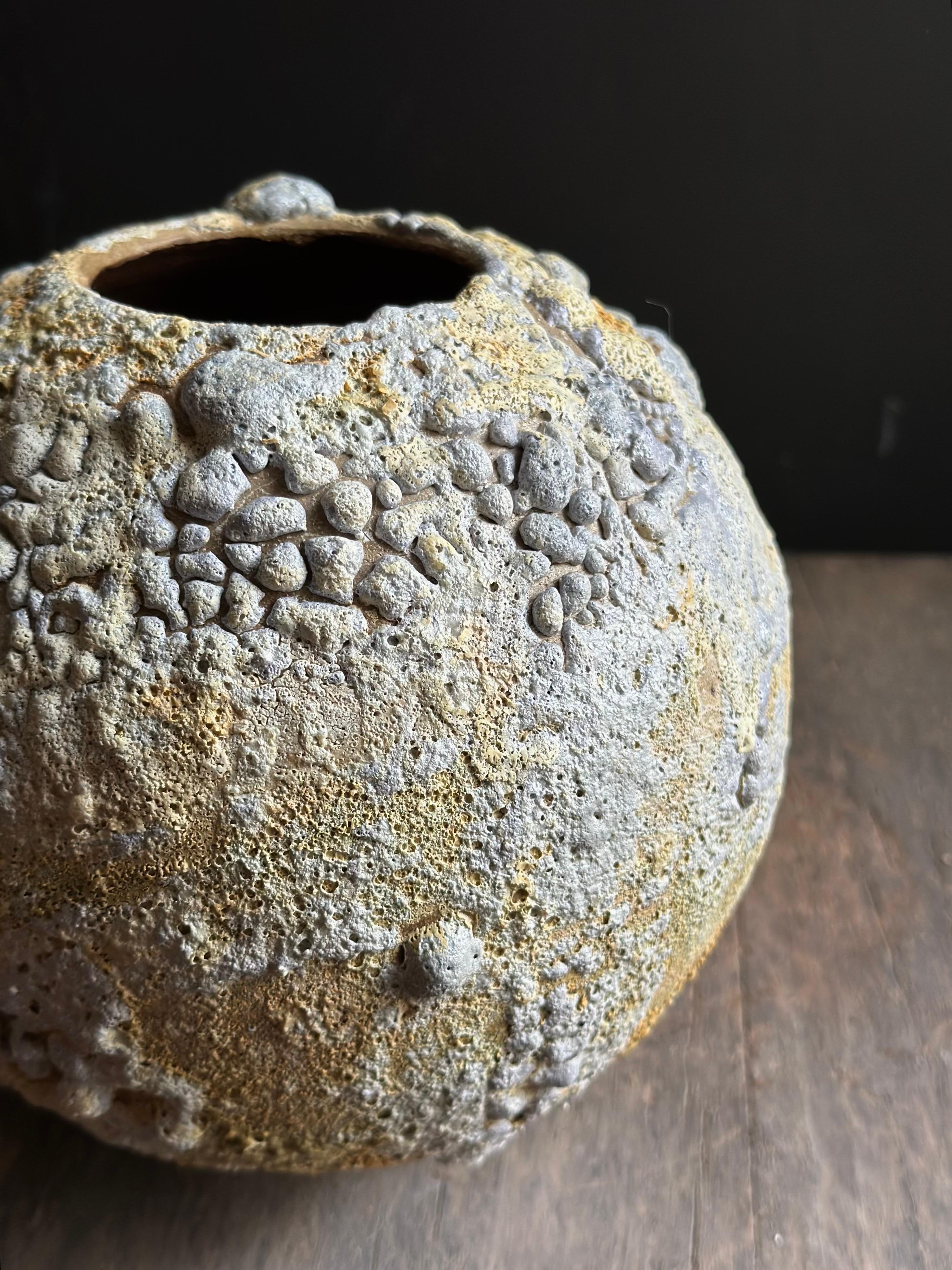 Unique Wabi-Sabi Rustic Modern Artistic Textured Round Sculptural Moon Jar Vase For Sale at 1stDibs