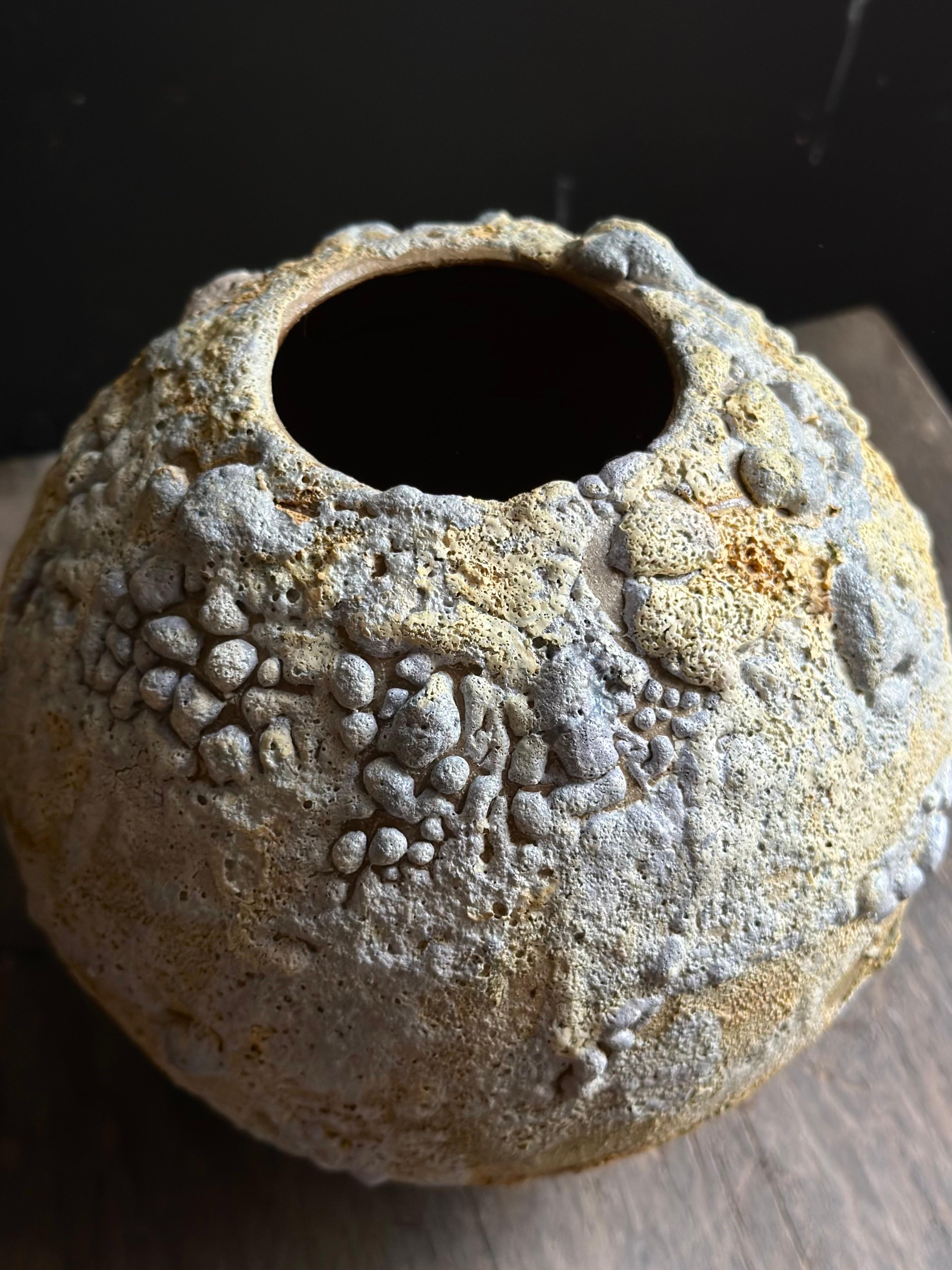 Unique Wabi-Sabi Rustic Modern Artistic Textured Round Sculptural Moon Jar Vase For Sale at 1stDibs