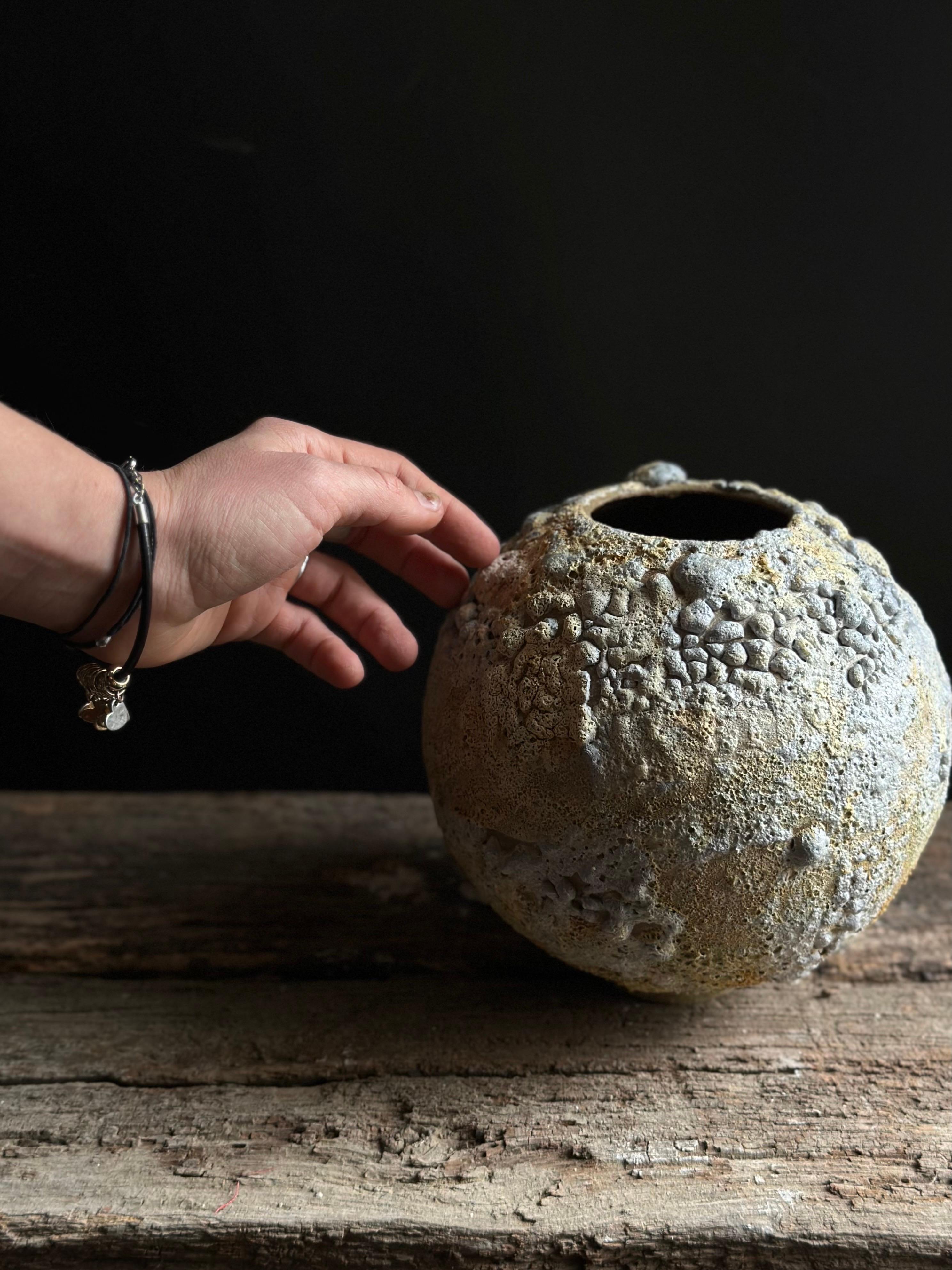 Unique Wabi-Sabi Rustic Modern Artistic Textured Round Sculptural Moon Jar Vase For Sale at 1stDibs