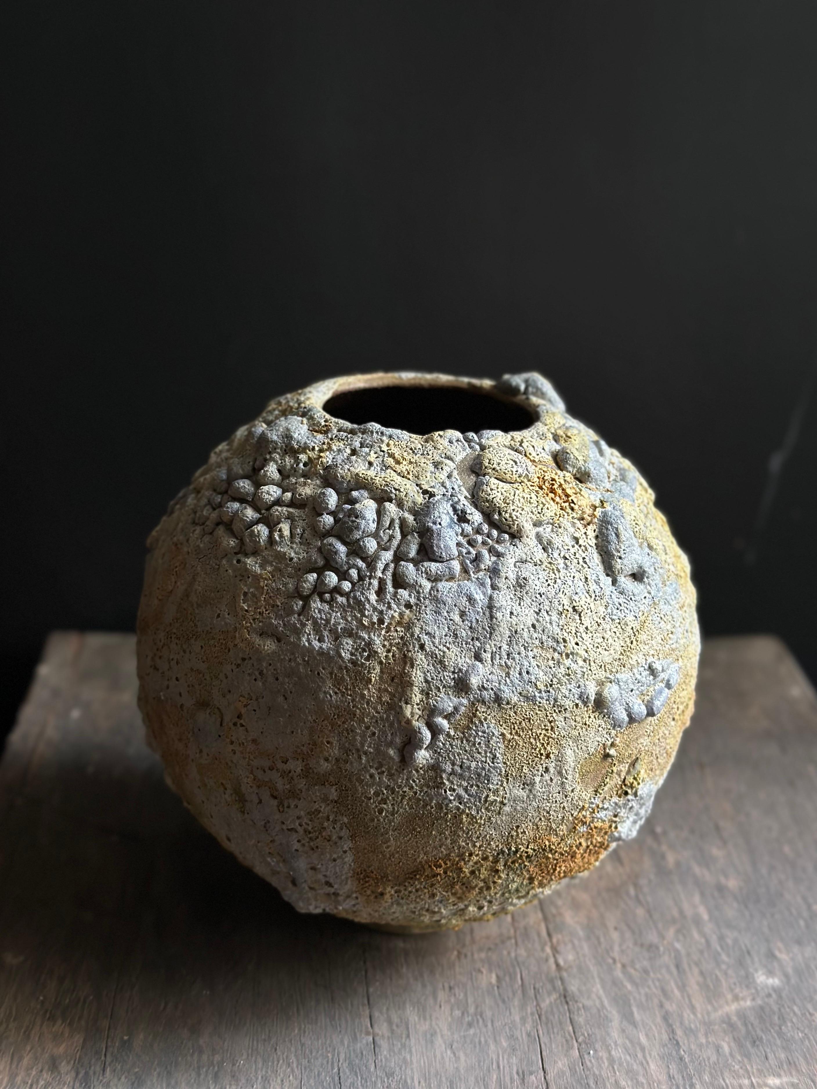 Unique Wabi-Sabi Rustic Modern Artistic Textured Round Sculptural Moon Jar Vase For Sale at 1stDibs
