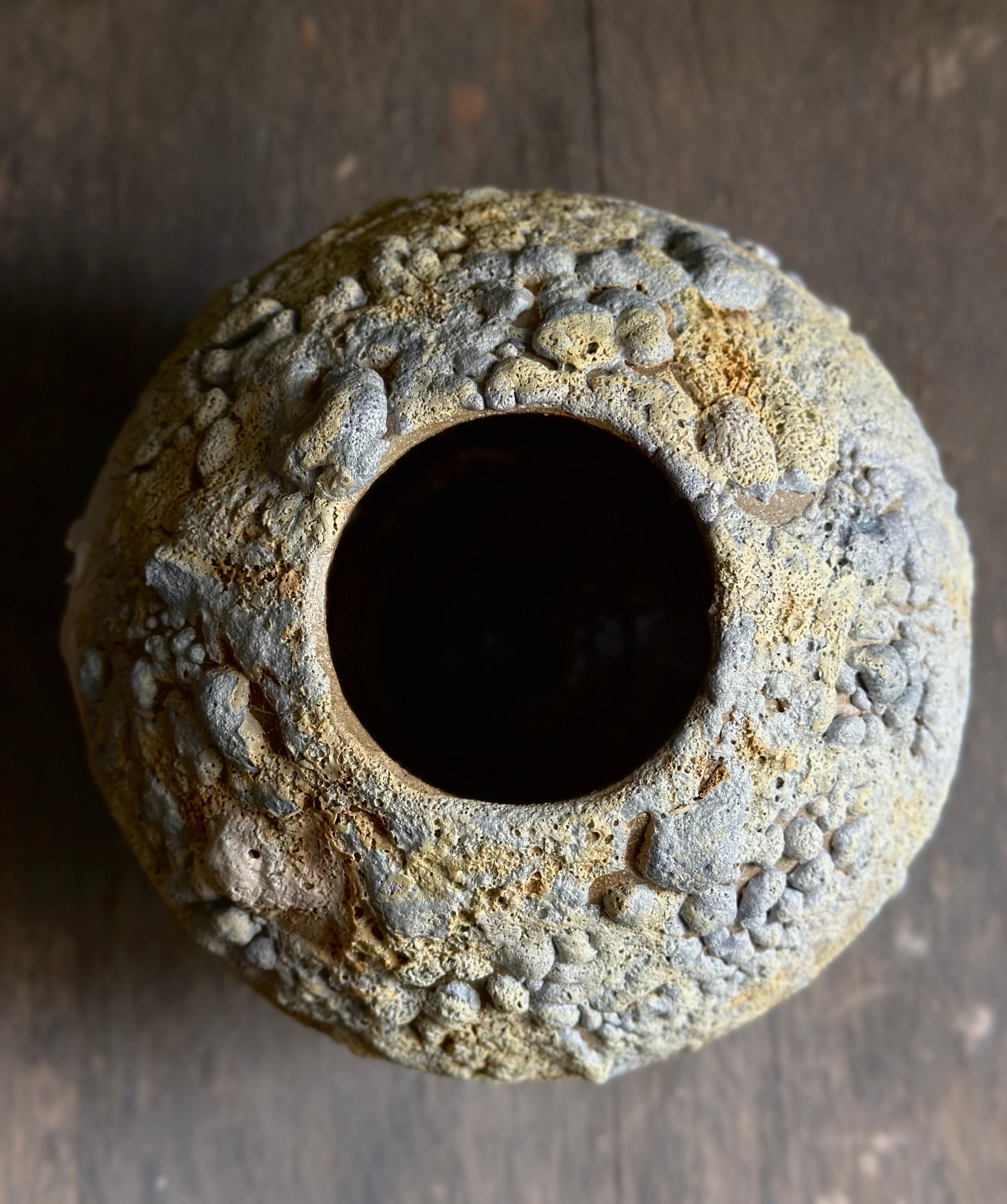 Unique Wabi-Sabi Rustic Modern Artistic Textured Round Sculptural Moon Jar Vase For Sale at 1stDibs