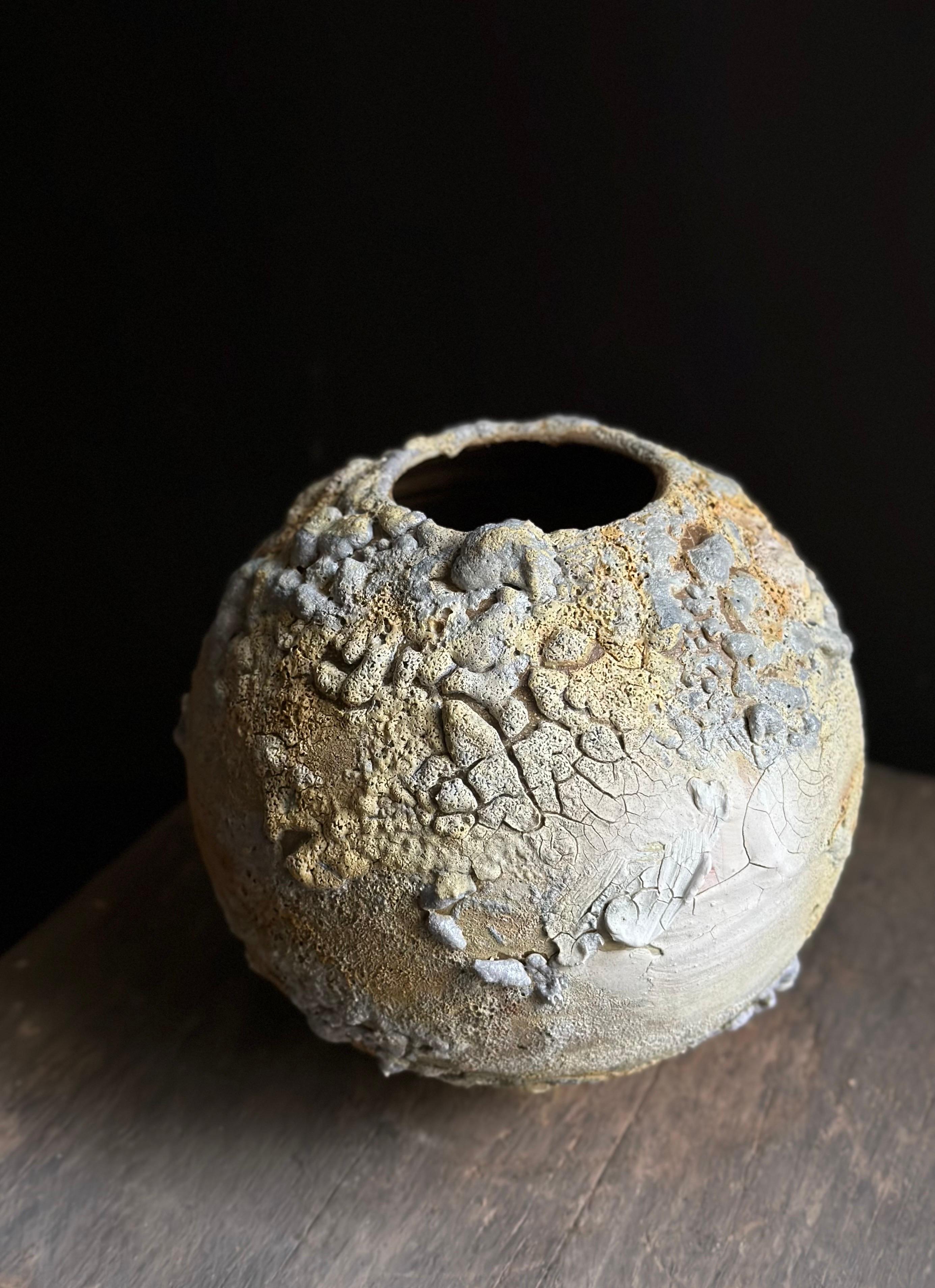 Unique Wabi-Sabi Rustic Modern Artistic Textured Round Sculptural Moon Jar Vase For Sale at 1stDibs