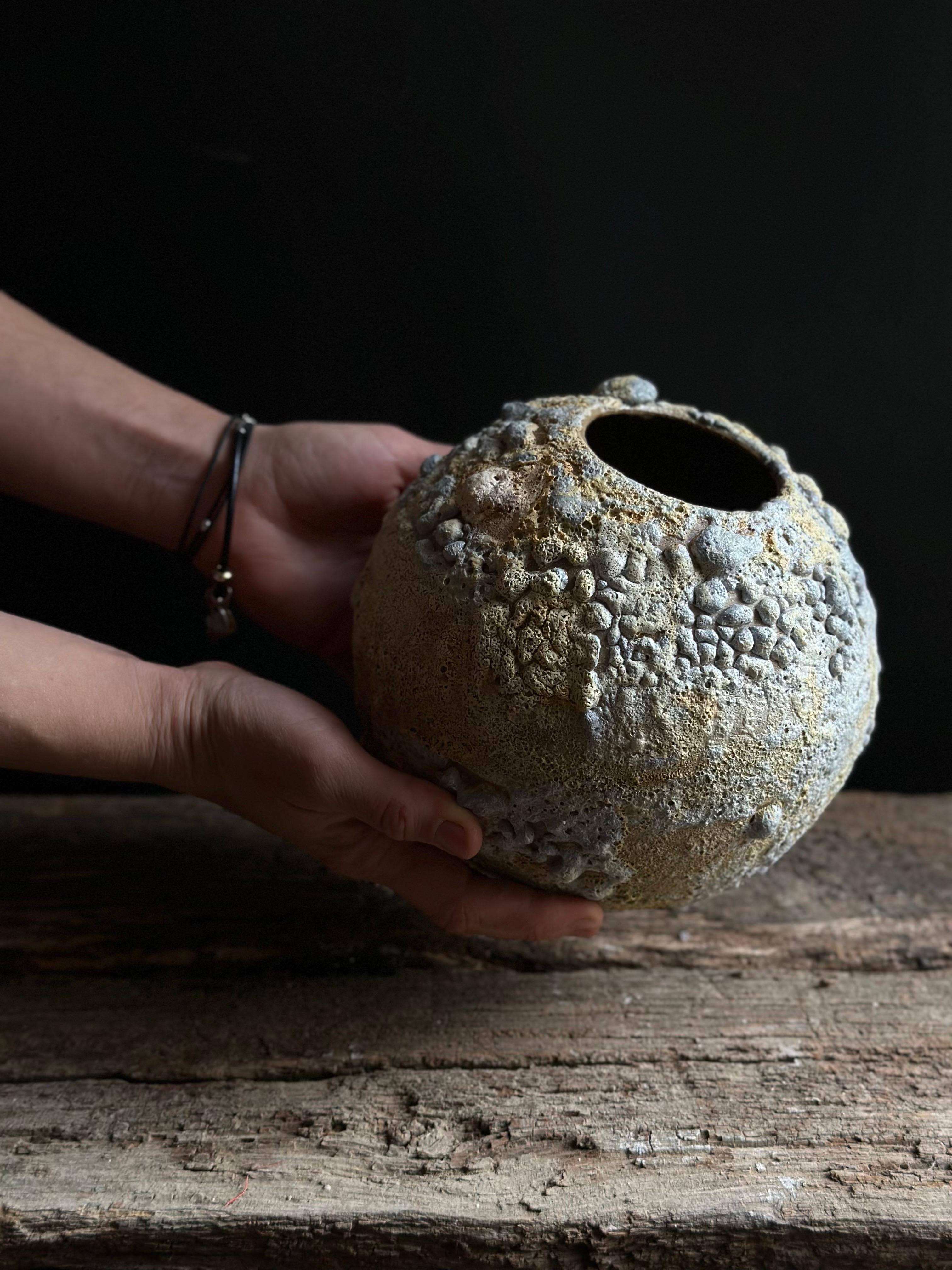 Unique Wabi-Sabi Rustic Modern Artistic Textured Round Sculptural Moon Jar Vase For Sale at 1stDibs