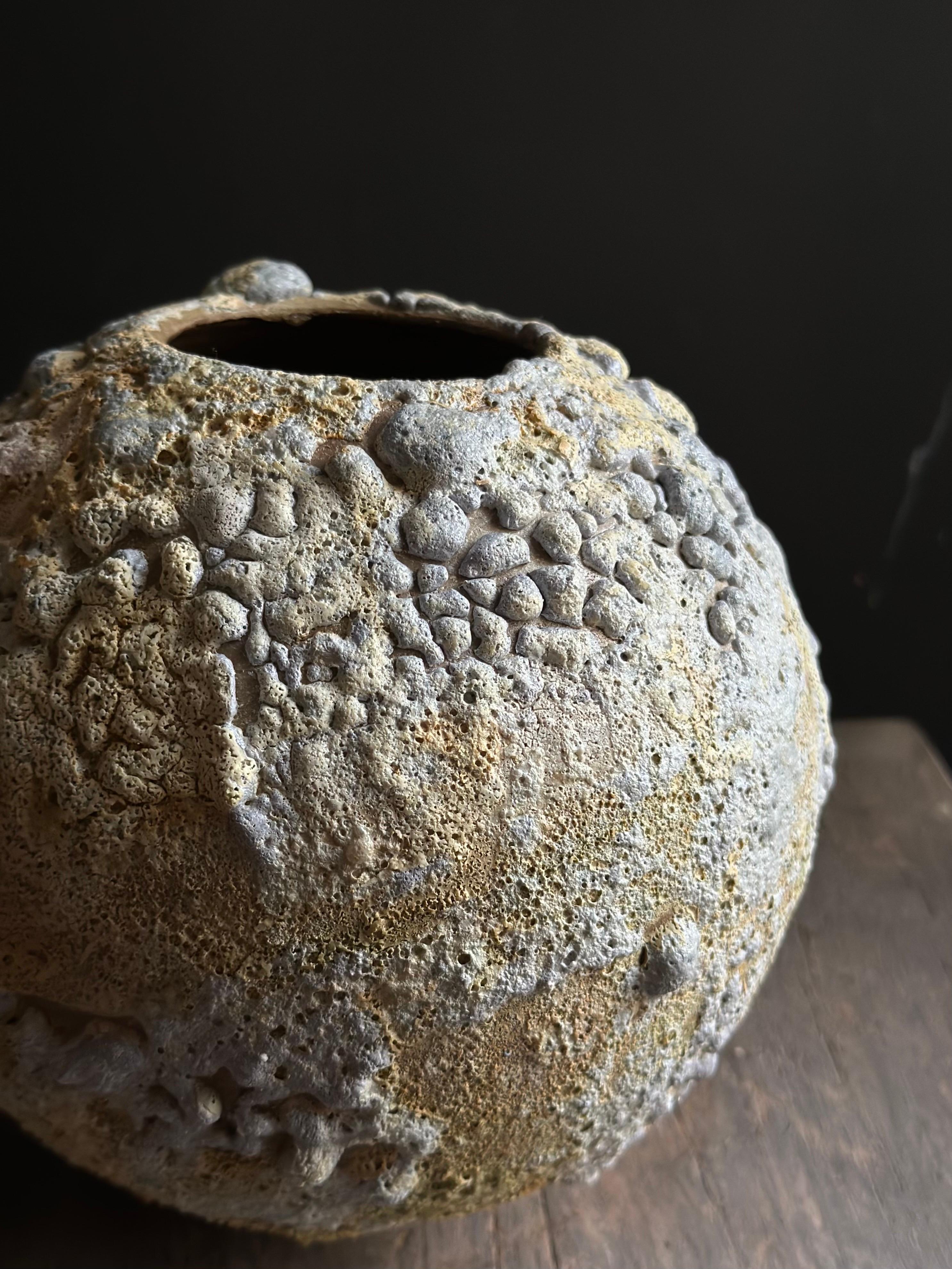 Unique Wabi-Sabi Rustic Modern Artistic Textured Round Sculptural Moon Jar Vase For Sale at 1stDibs