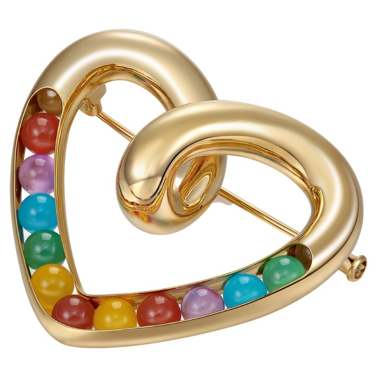 Unisex Beating Heart Brooch 18k Yellow Gold Set with Rainbow Coloured ...