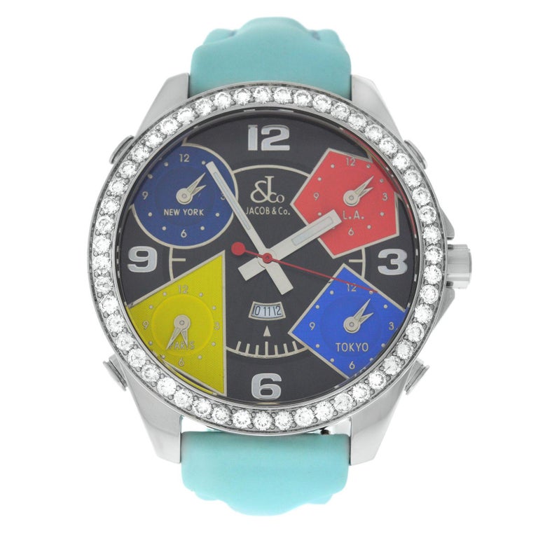 Unisex Jacob and Co. Five Time Zones Diamond Bezel Steel Quartz Watch ...
