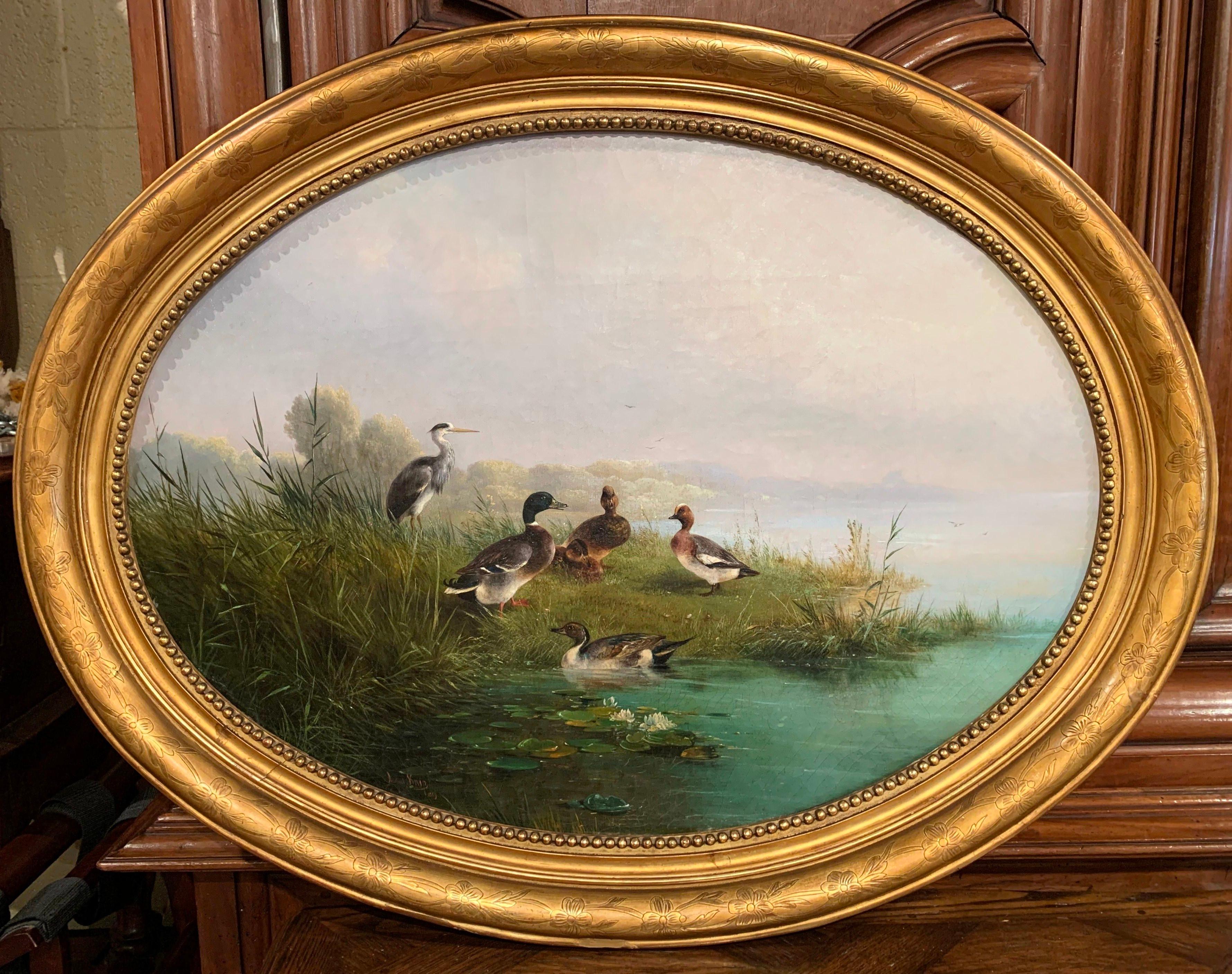 Unknown - 18th Century French Ducks and Heron Oil Painting in Oval Gilt ...